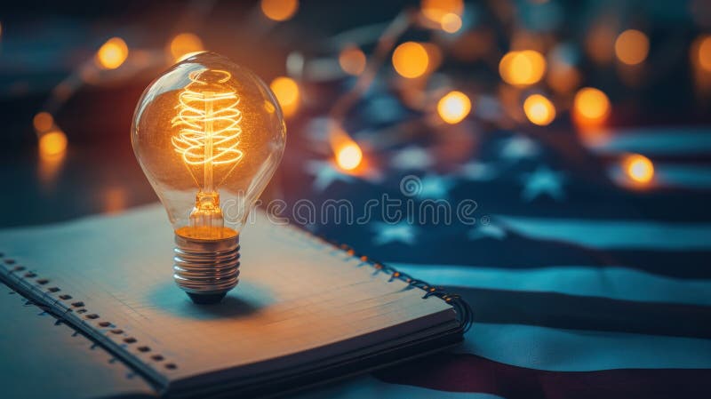 A Light Bulb Sitting on Top of a Notebook with an American Flag in the ...