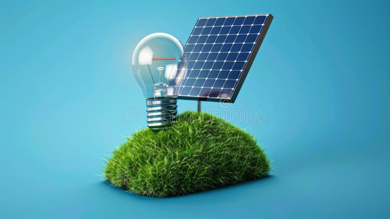 A Light Bulb and a Solar Panel Sit on a Grassy Hill Stock Image - Image ...