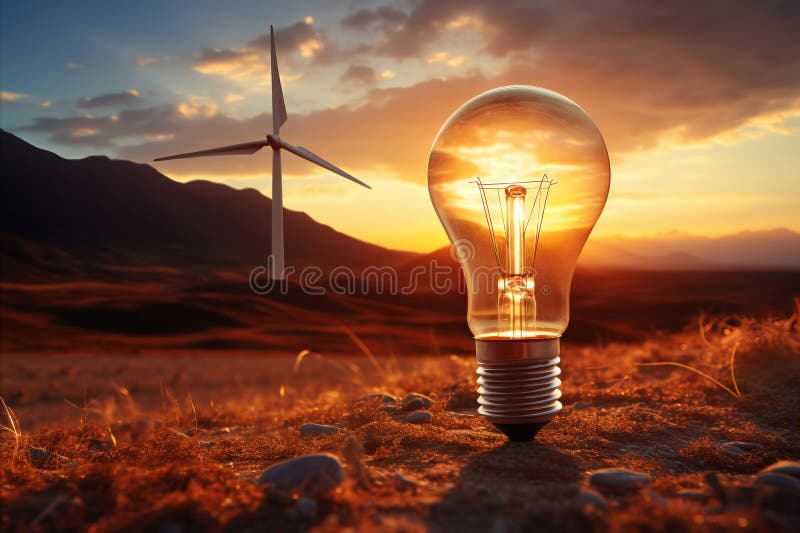 Light Bulb and Spectacular Sunset with Wind Turbine Harnessing the ...