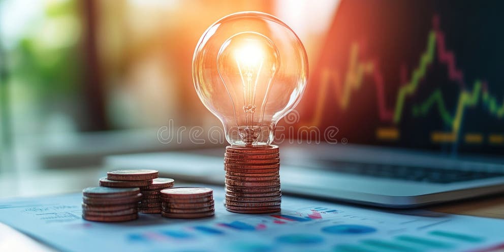 Light Bulb on Stack of Coins with Financial Graphs in Background ...
