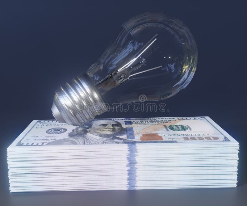 Light Bulb and Stack of Money in the Dark Background Stock Illustration ...