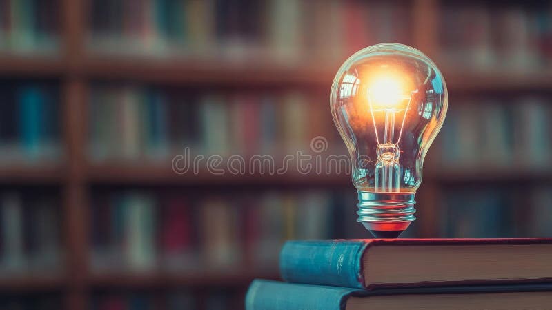 Light Bulb on Stacked Books in Library, Concept of Knowledge and Ideas ...