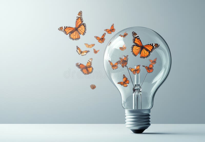 Light Bulb Standing Vertically on a Table with a Colorful Butterfly ...
