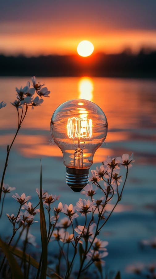 Light Bulb with Sunset Reflection Over Water with Flowers Stock Image ...