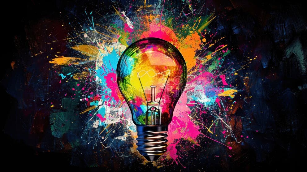 A Light Bulb Exploding with Colorful Paint Splatter Stock Illustration ...