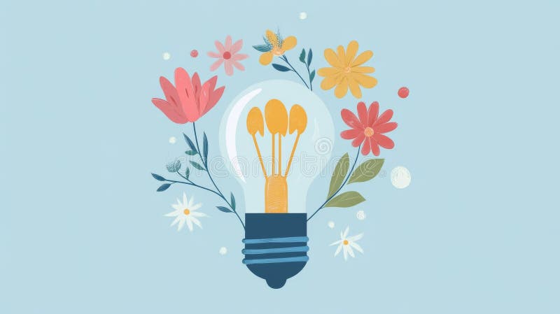Light Bulb Surrounded by Colorful Floral Design on Blue Background ...
