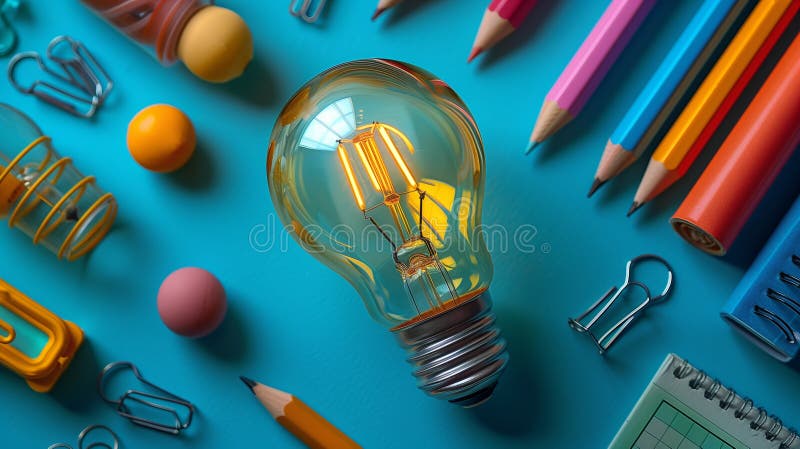 Light Bulb Surrounded by School Supplies on a Blue Surface Stock Image ...