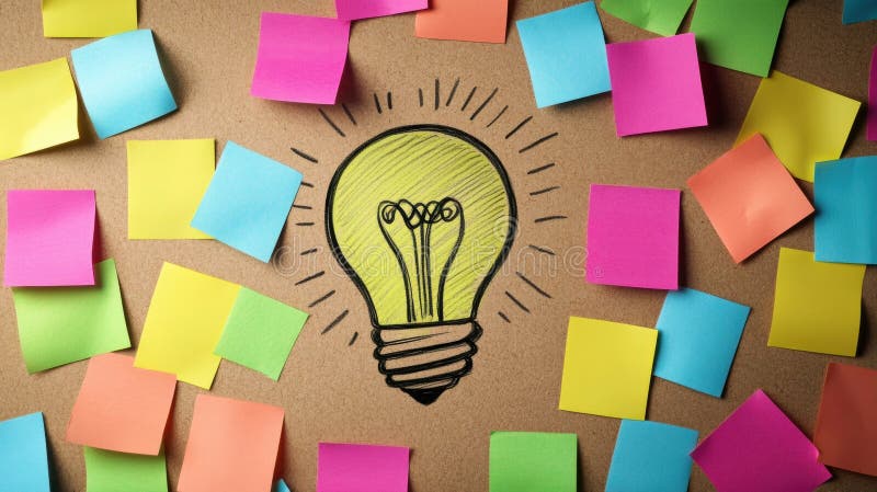 A Light Bulb Surrounded by Sticky Notes on a Bulletin Board Stock ...