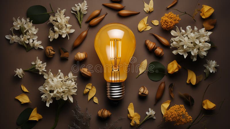 A Light Bulb Surrounded by a Variety of Flowers and Nuts in a Unique ...