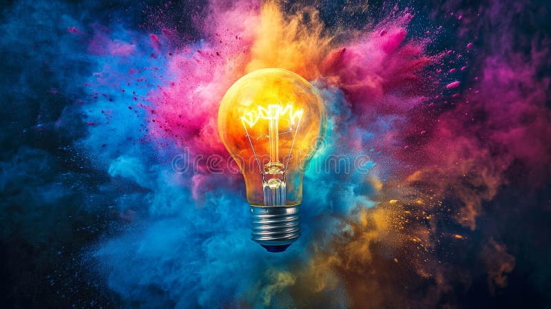 Light Bulb Surrounded by Vibrant Colored Powder Explosion Stock Photo ...