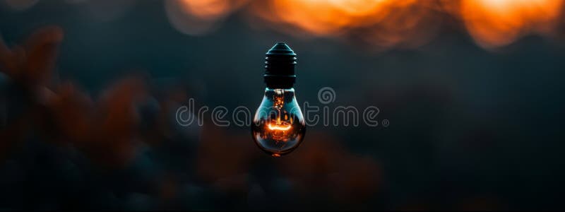 A Light Bulb Suspended Above an Indistinct Image of Trees and Sky Stock ...