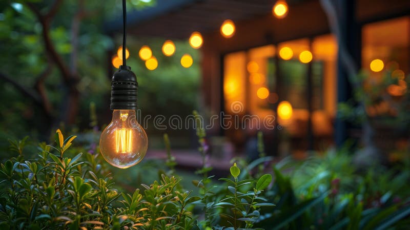 Light Bulb Hanging from Wire in Garden Stock Photo - Image of ...