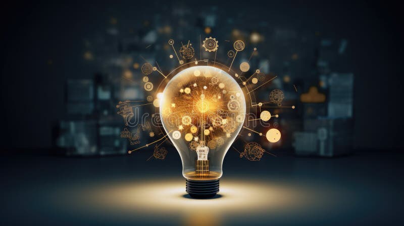 Light Bulb Symbolizing the Human Brain with Ideas Stock Illustration ...