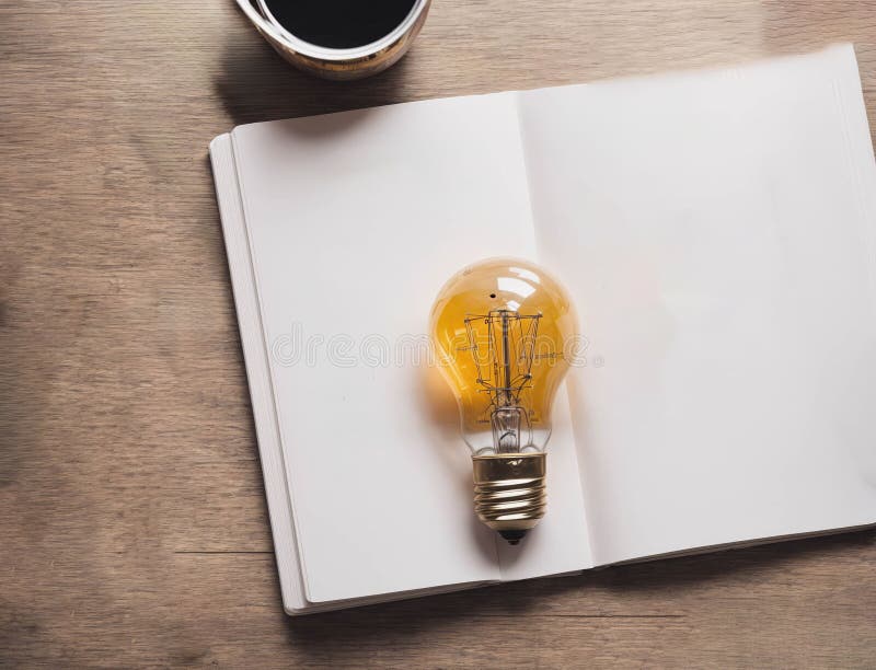 A Light Bulb is on a Table Next To a Notebook Stock Photo - Image of ...