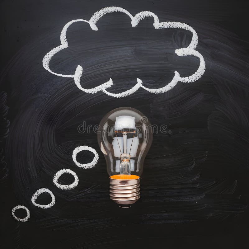 Light Bulb and Thought Bubble Drawn on a Textured Black Chalkboard ...