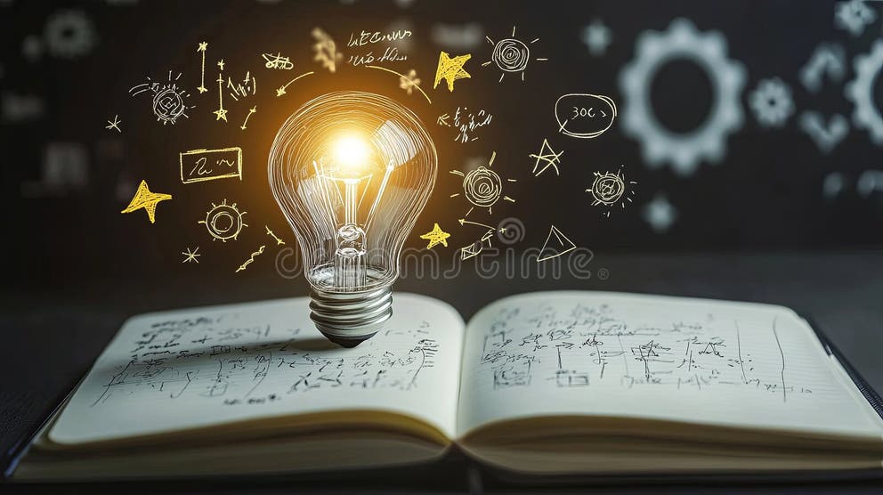 A Light Bulb is on Top of a Book with a Lot of Math Equations and ...