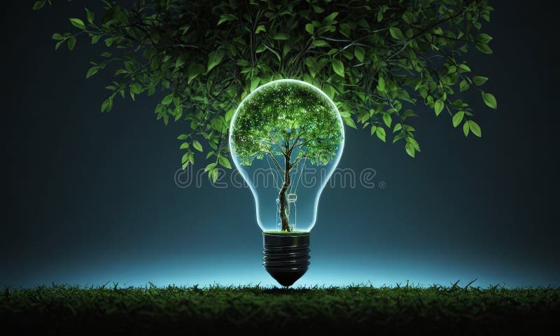 Light Bulb with Tree Growing Inside it is Illuminated by Green Glow ...