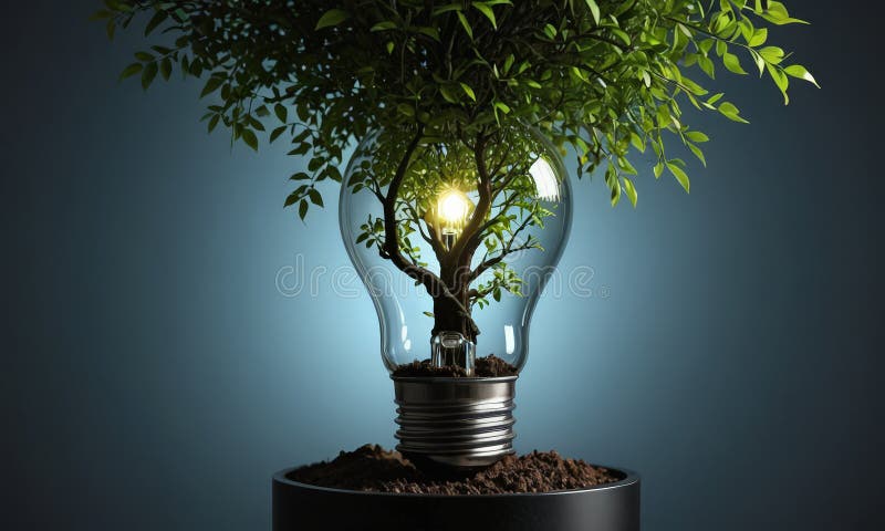 Light Bulb with Tree Growing Inside it, Illuminated by Yellow Light, is ...