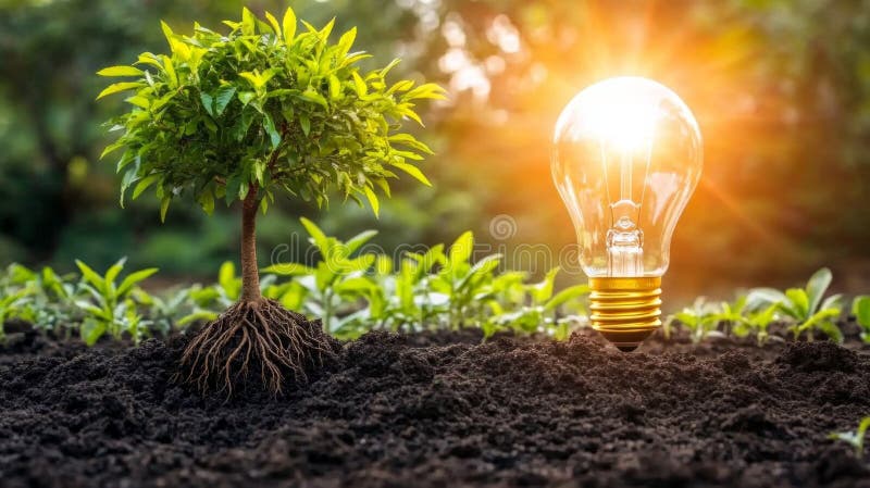 Light Bulb and Tree Growing in Soil with the Sun Shining Stock Image ...