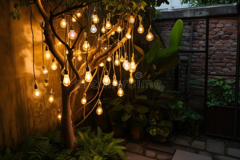 Light Bulb Tree with Hanging Bulbs Lit in a Garden Corner Stock Photo ...