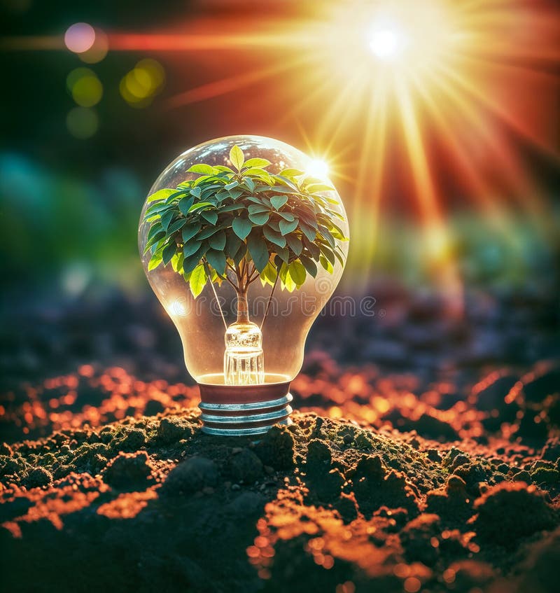 A Light Bulb with a Tree Inside of it on a Dirt Ground with the Sun ...