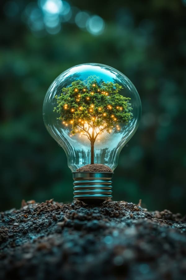 A Light Bulb with a Tree Inside of it Sitting on Top of Dirt Stock ...