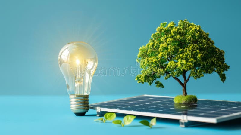 A Tree and a Light Bulb are Perched on a Solar Panel Amidst a Natural ...