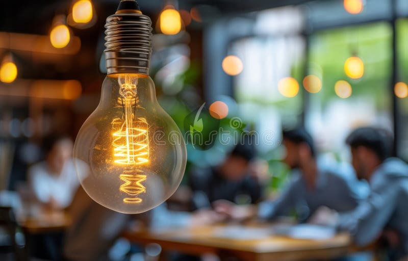 Illuminated Light Bulb in Restaurant Stock Photo - Image of glowing ...