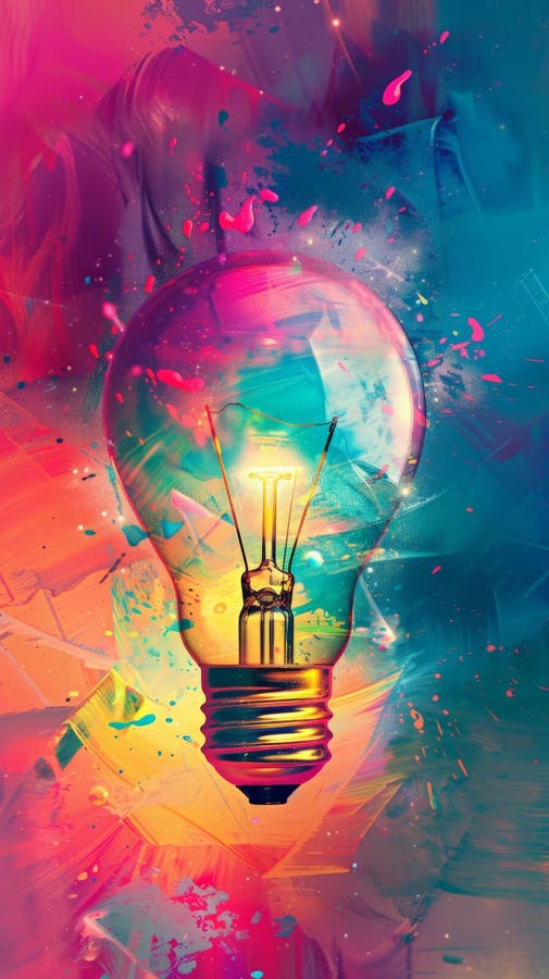 Light Bulb with Vibrant Colors and Paint Splashes. Representing ...