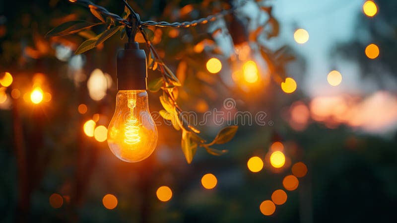 Light Bulb with Warm Glow Hanging in Garden Stock Illustration ...