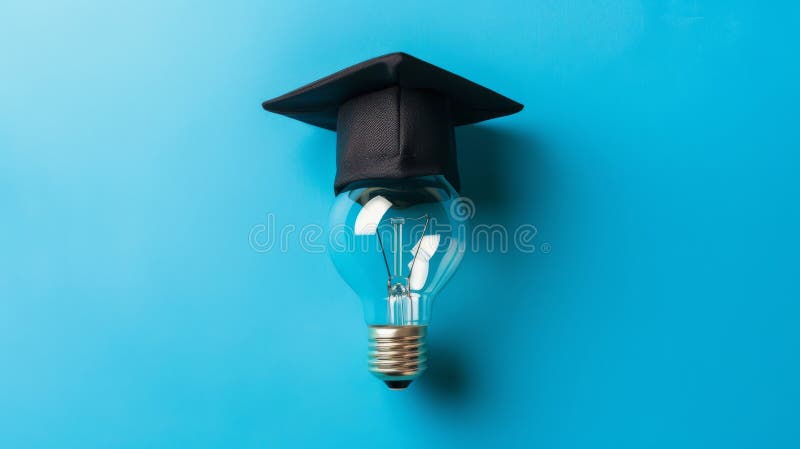 Light Bulb Wearing a Graduation Cap on Blue Background, Academic ...