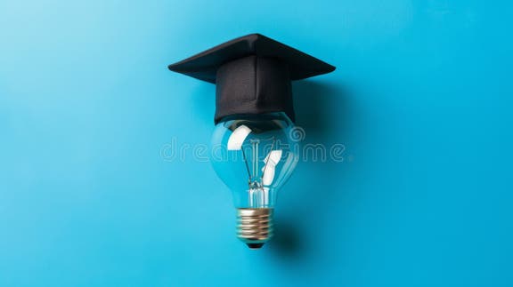 Light Bulb Wearing a Graduation Cap on Blue Background, Academic ...