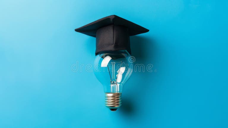 Light Bulb Wearing a Graduation Cap on Blue Background, Academic ...