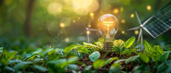 Light Bulb and Windmill in a Lush Green Forest Stock Illustration ...
