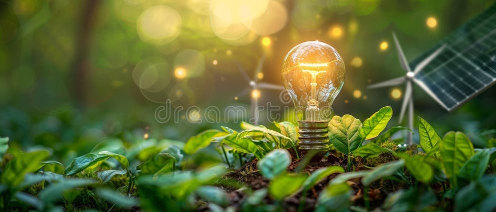 Light Bulb and Windmill in a Lush Green Forest Stock Illustration ...