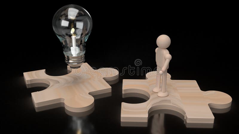 The Light Bulb and Wood Human Figure on Jigsaw 3d Rendering Stock ...