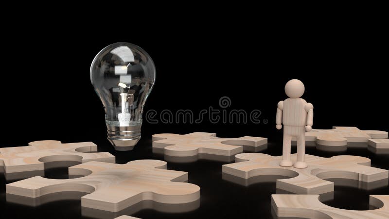 The Light Bulb and Wood Human Figure on Jigsaw 3d Rendering Stock ...
