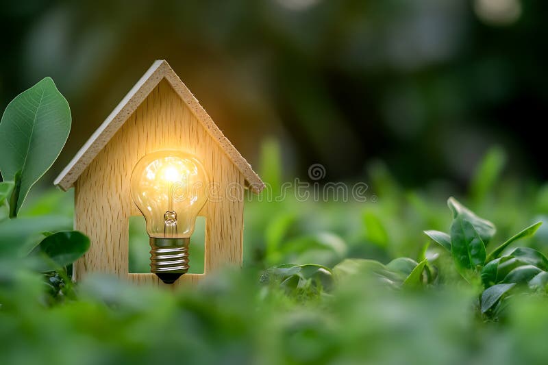 Light Bulb in Wooden House Model in Green Grass Stock Illustration ...