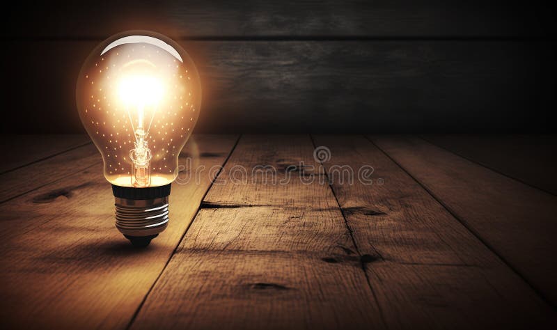 A Light Bulb on a Wooden Table with a Dark Background Stock ...