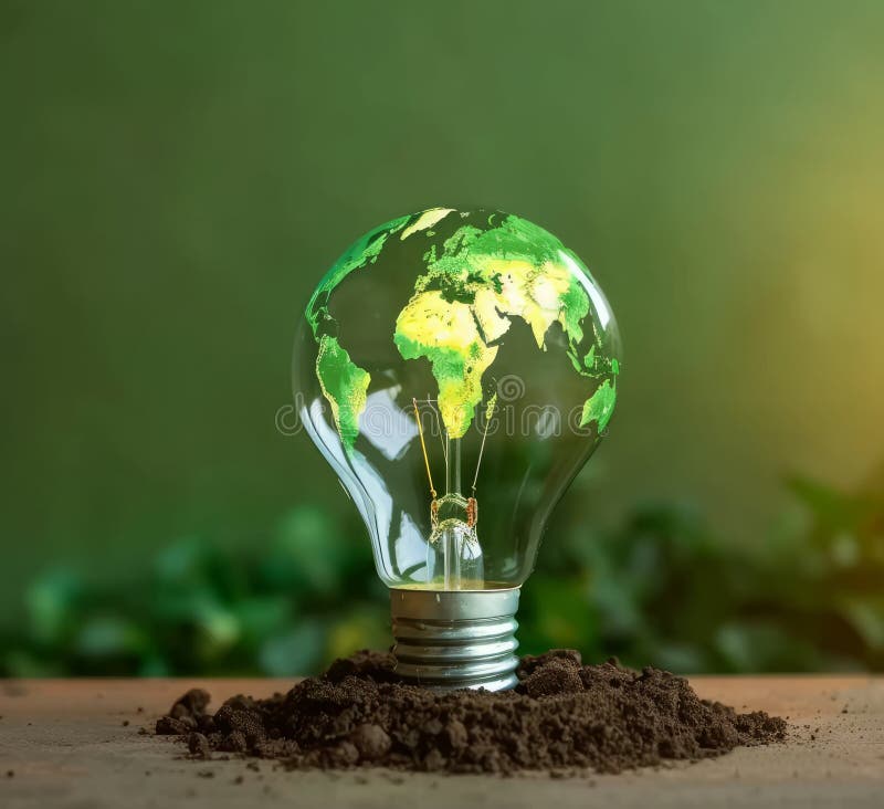 A Light Bulb with the World Green Map Inside on Blurred Background ...