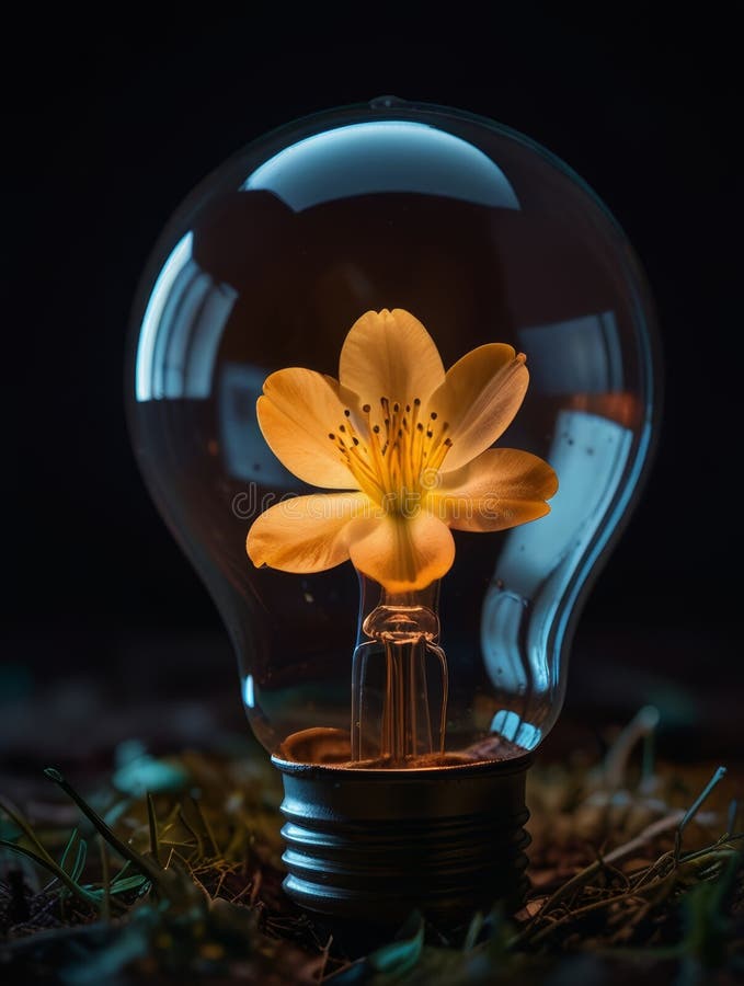 A Light Bulb with a Yellow Flower Inside Resting on a Bed of Foliage ...