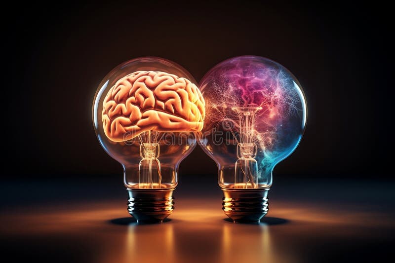 Light Bulbs with a Brain Inside of Them. Generative AI Stock ...