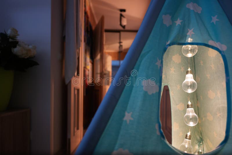 Light Bulbs in Children Tent at Room in Evening Stock Photo - Image of ...