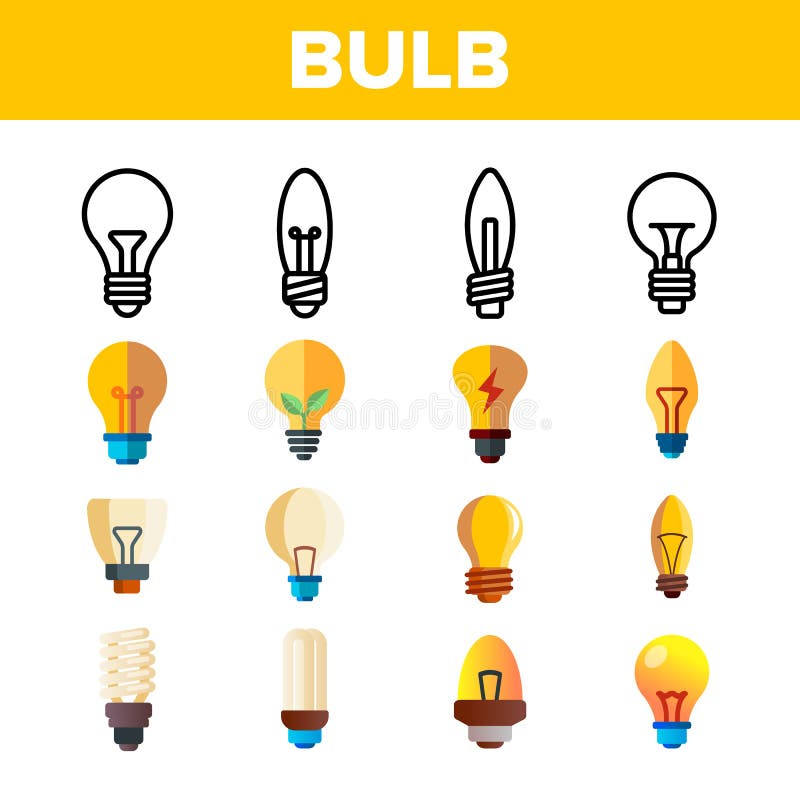 Light Bulbs Flat and Linear Icons Vector Set Stock Vector ...