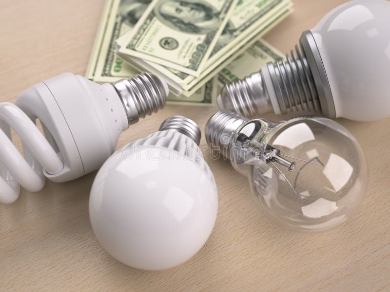 Light Bulbs in Front of Dollar Bill Stack Stock Image - Image of debt ...