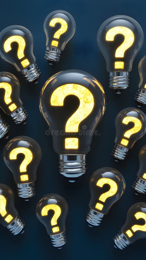 Light Bulbs with Glowing Question Marks, Dark Background, Suggesting ...