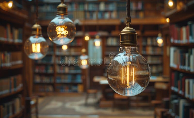 Light Bulbs Hanging from the Ceiling in Library Stock Image - Image of ...