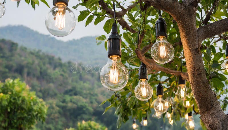 Light Bulbs Hanging on a Tree Stock Illustration - Illustration of ...