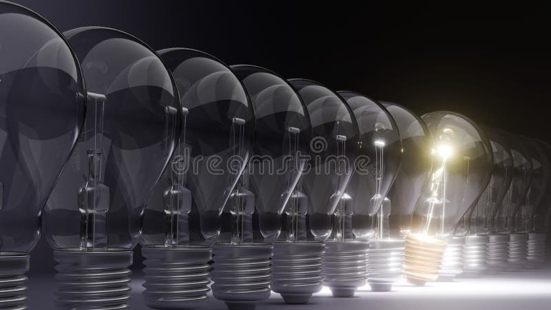 Light Bulbs Lined Up, One Glowing Distinctly, Symbolize an Idea and the ...