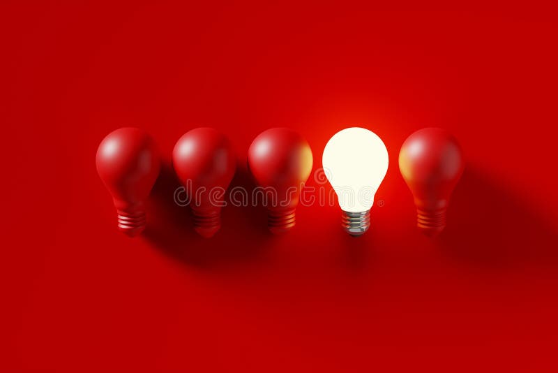 Light Bulbs in a Row with One Glowing Light Bulb Amongst the Unlit Red ...